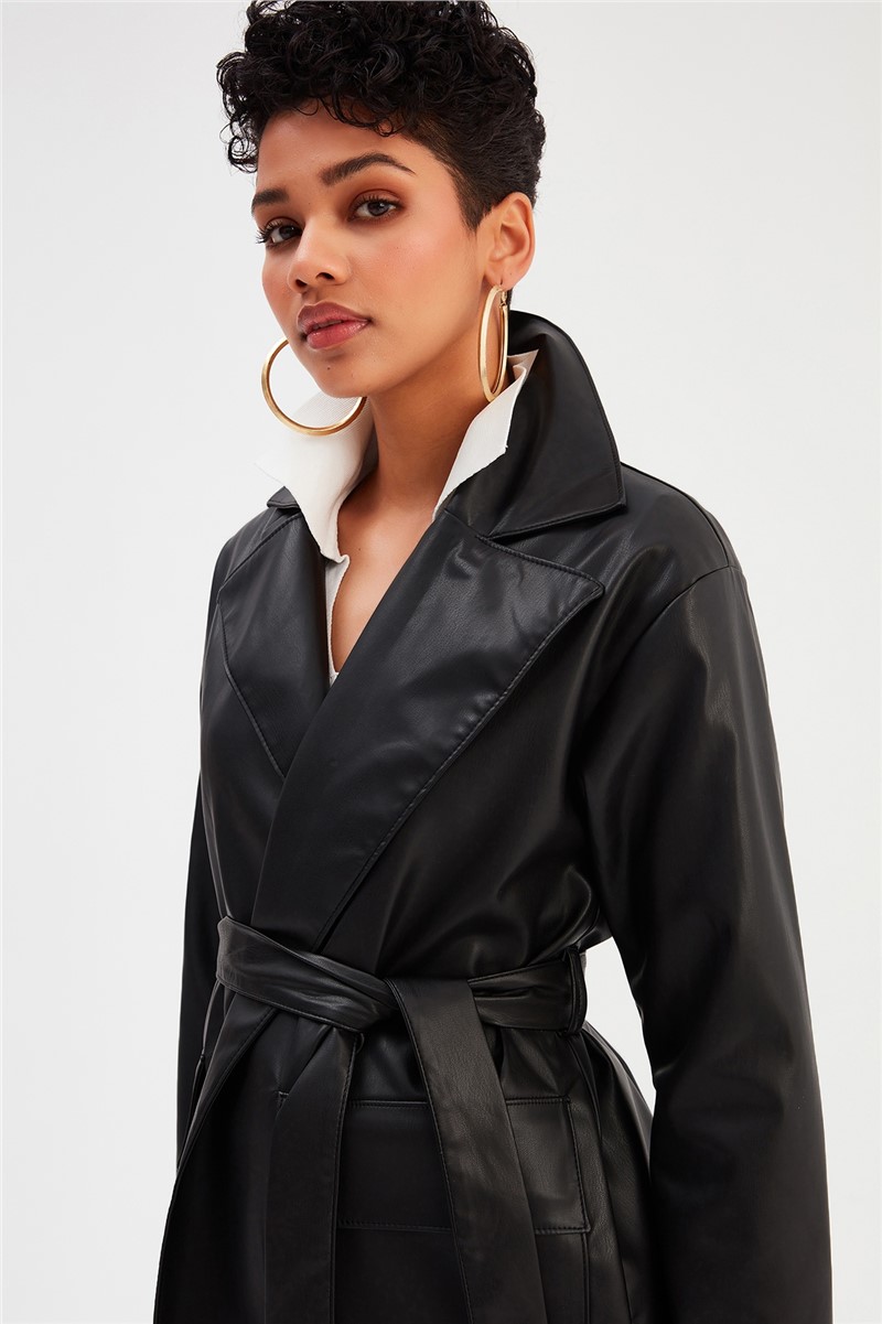 Euromart - Women's Belted Leather Jacket - Black #364485