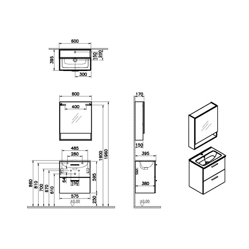Euromart - Vitra Mia Bathroom Set 60cm - White #355278