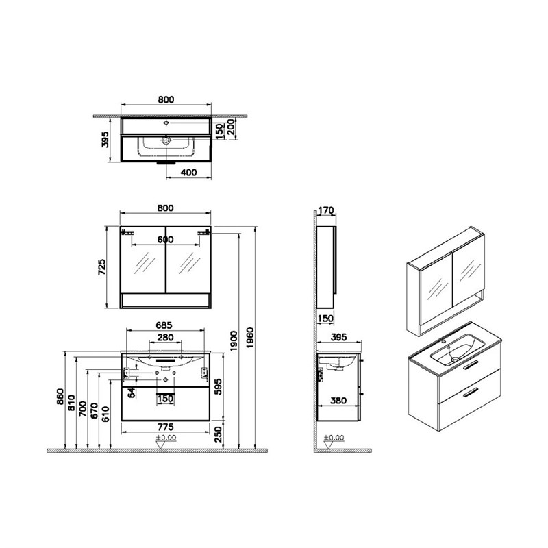 Euromart - Vitra Mia Bathroom Set 80cm - White #355279